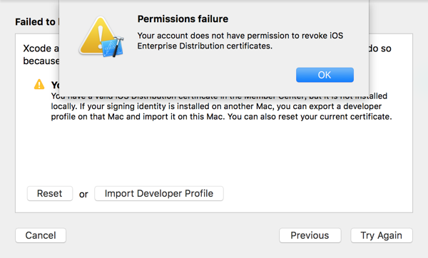 [已解决]Xcode打包InHouse的app时出错然后重置证书时出错：Permissions failure Your account does not have permission to ...